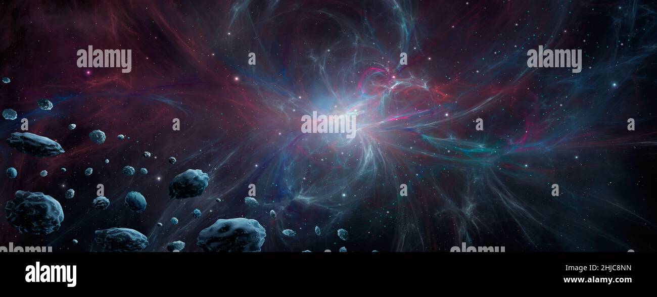 Space panoramic background. Colorful fractal nebula with asteroids and ...