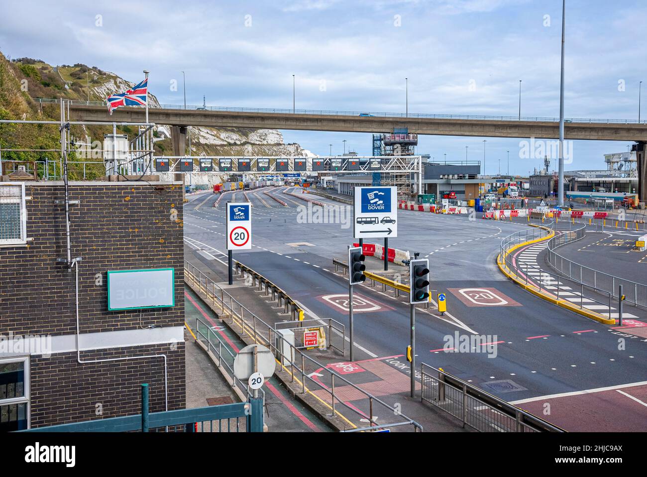 Port of Dover with road signs and checkpoint under the bridge Stock ...
