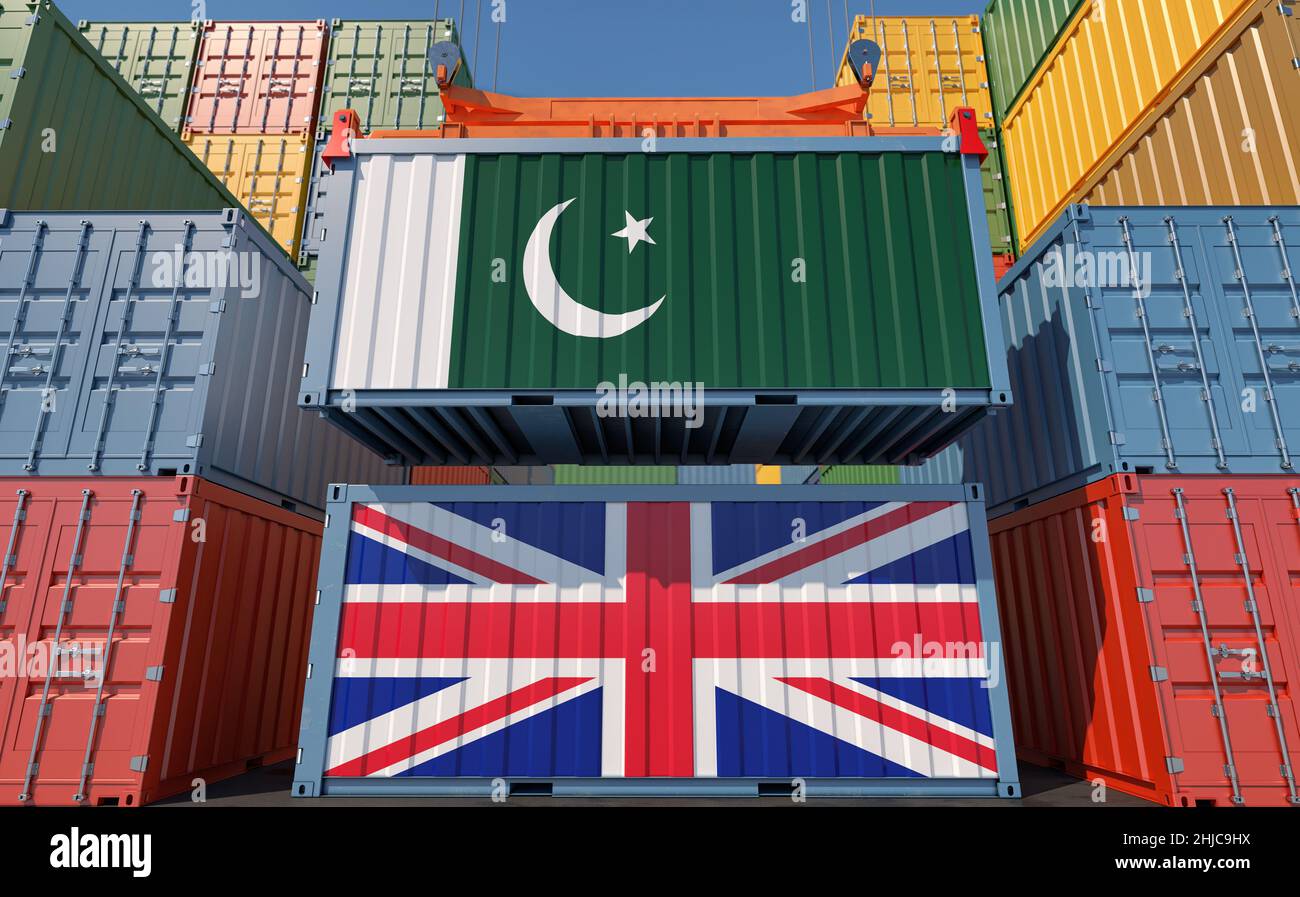 Freight containers with United Kingdom and Pakistan national flags. 3D ...