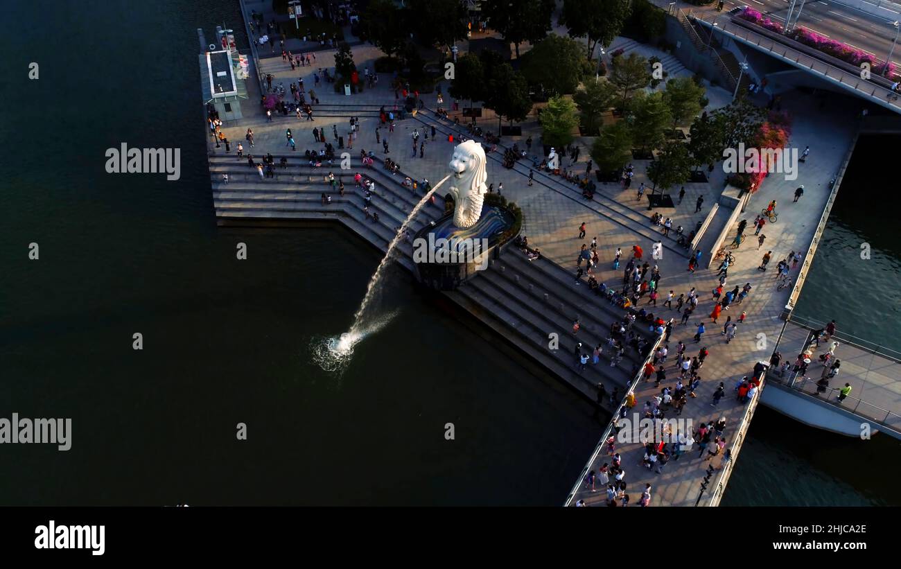 Singapore - August, 2018: View of central Singapore. Shot. Merlion lion ...