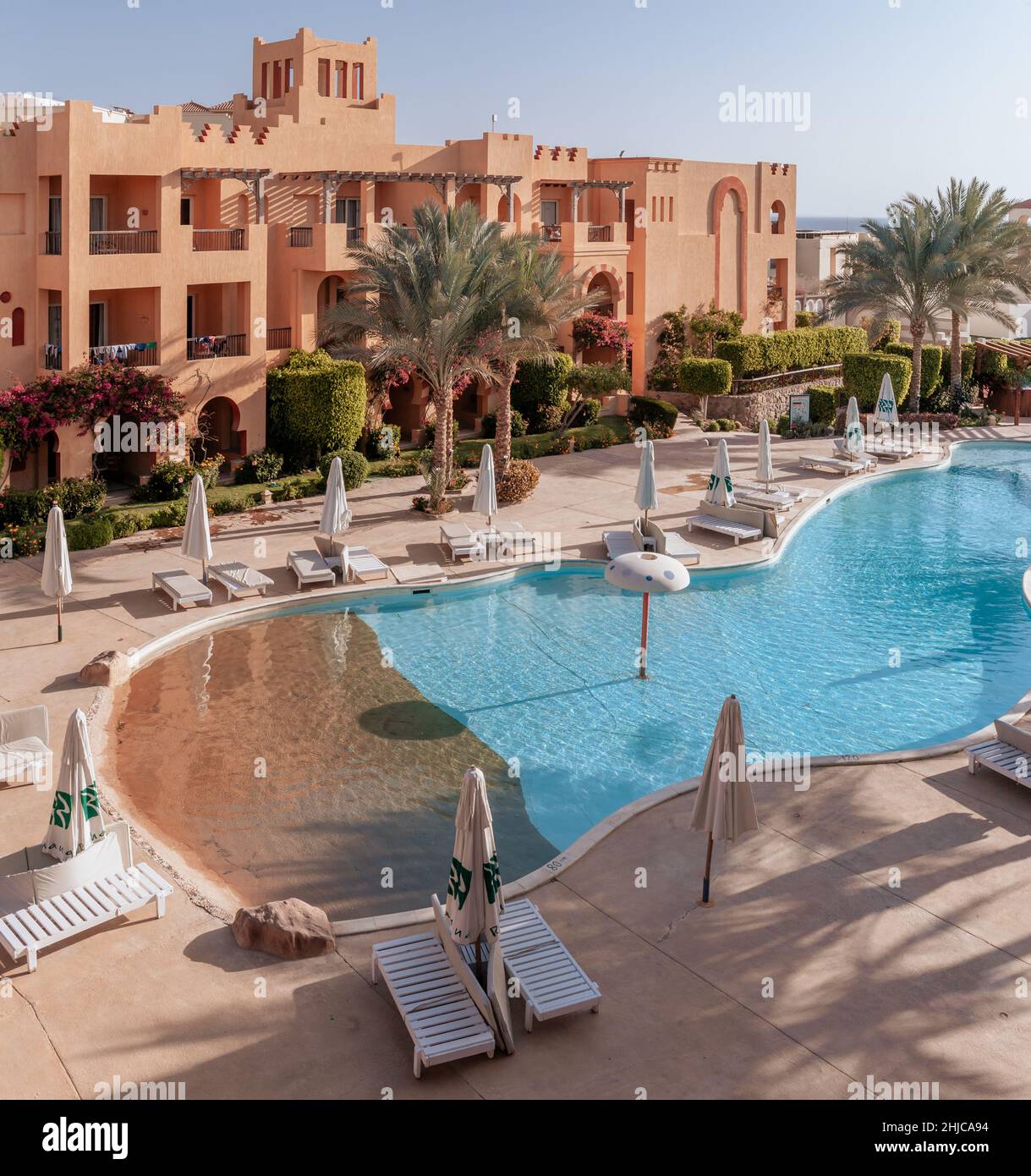 Beautiful swimming pool and palm trees in Egypt Stock Photo - Alamy