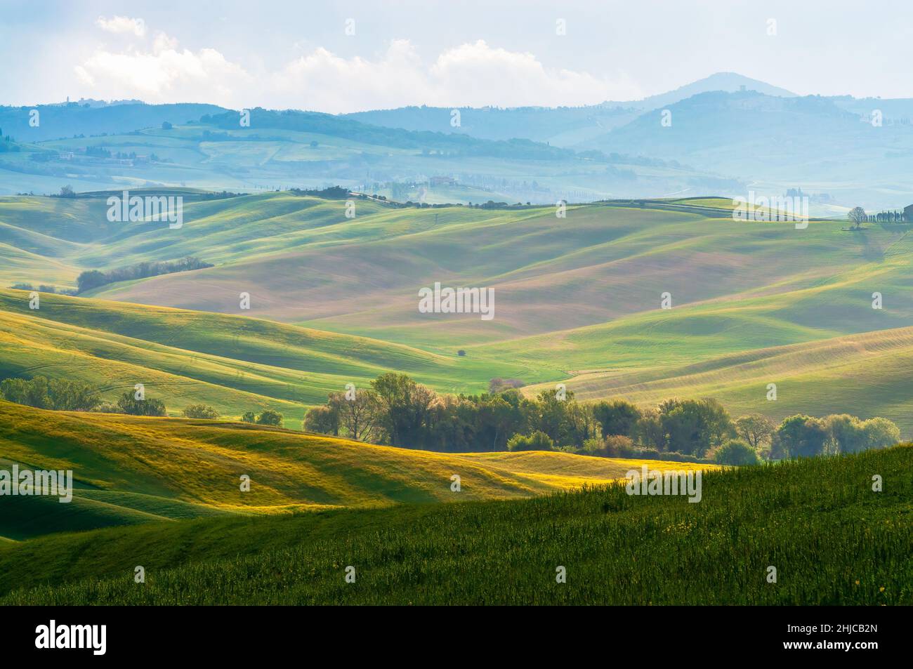 Spring Tuscany. View of the green fields lit by the rays of the sun ...
