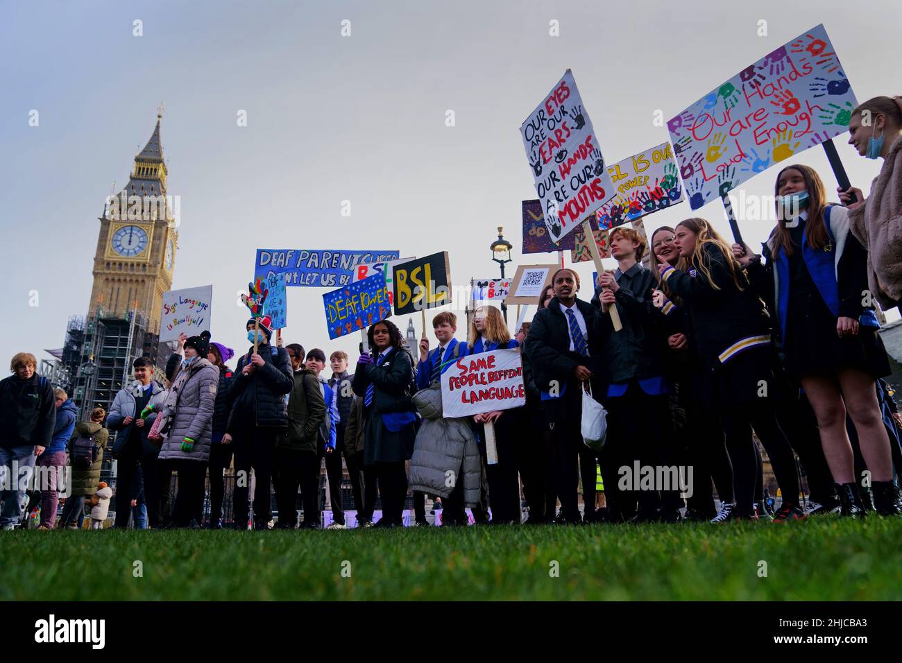 School children take part in a rally in support of British Sign ...