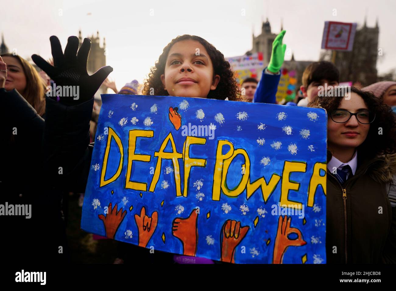 School children take part in a rally in support of British Sign ...
