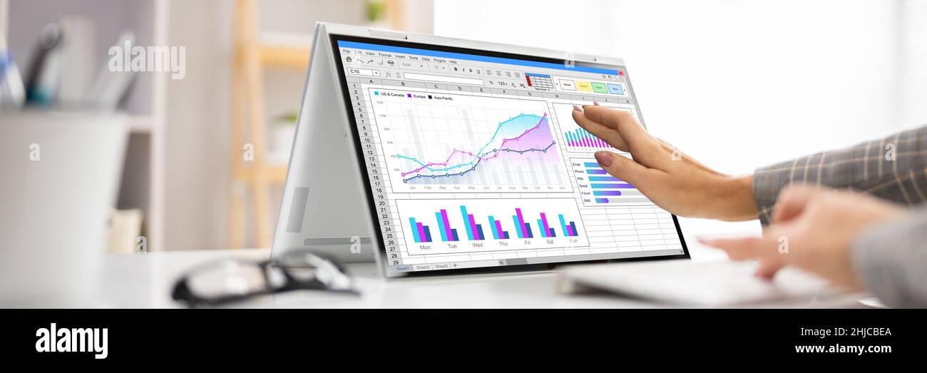 Woman Employee Analyst Working With Spreadsheet Software Stock Photo ...