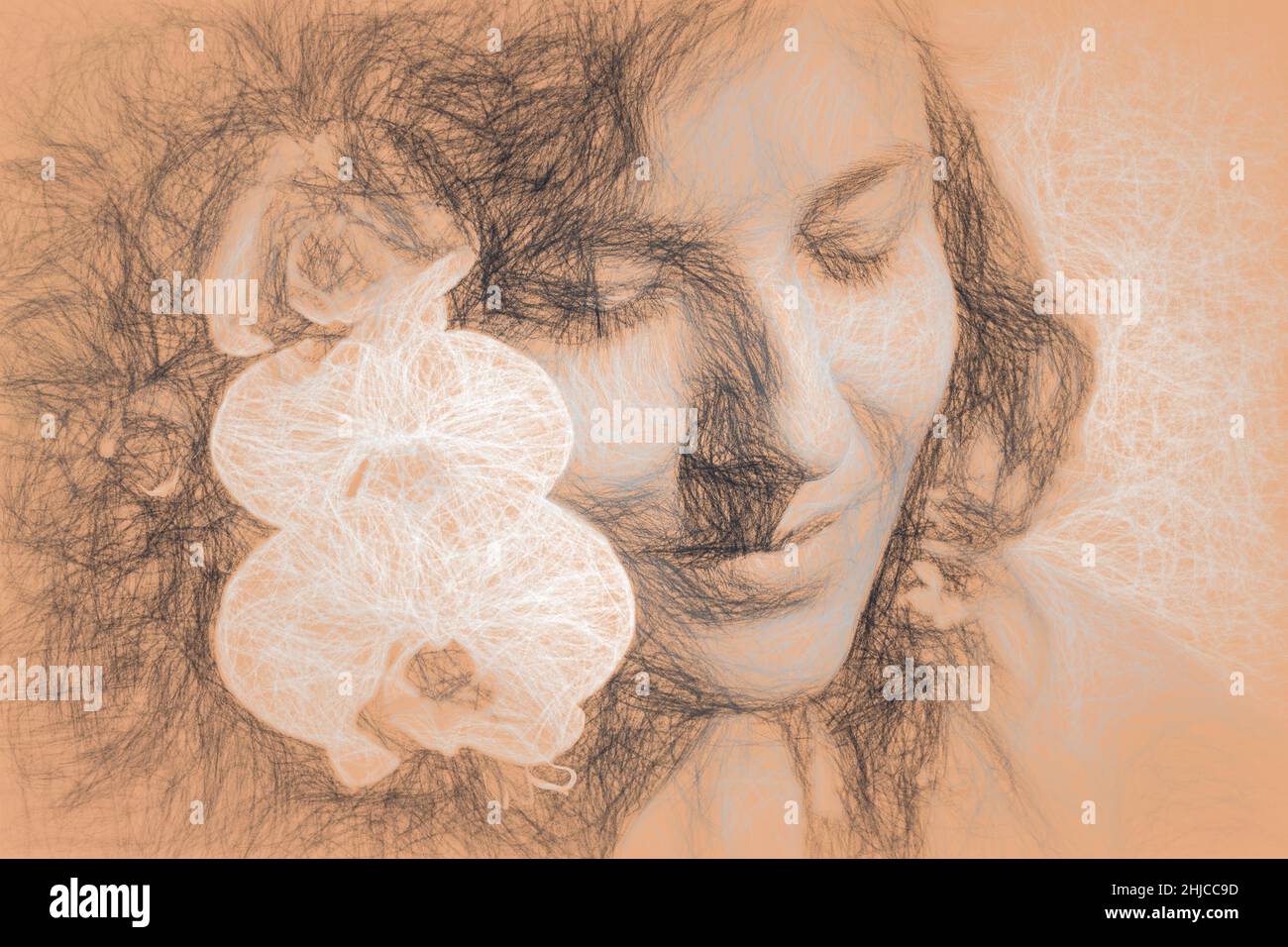 Young woman smelling a beautiful blossom and drawing efect Stock Photo ...