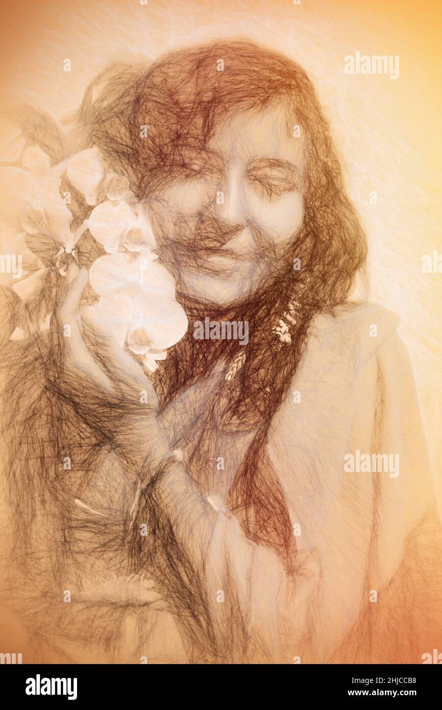 Young woman smelling a beautiful blossom and drawing efect Stock Photo ...