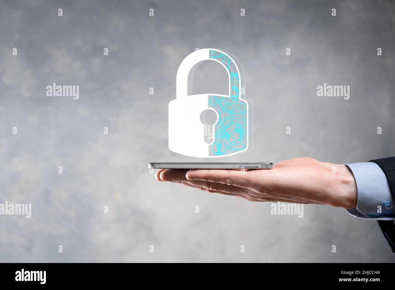 Cyber security network. Padlock icon and internet technology networking. Businessman protecting ...