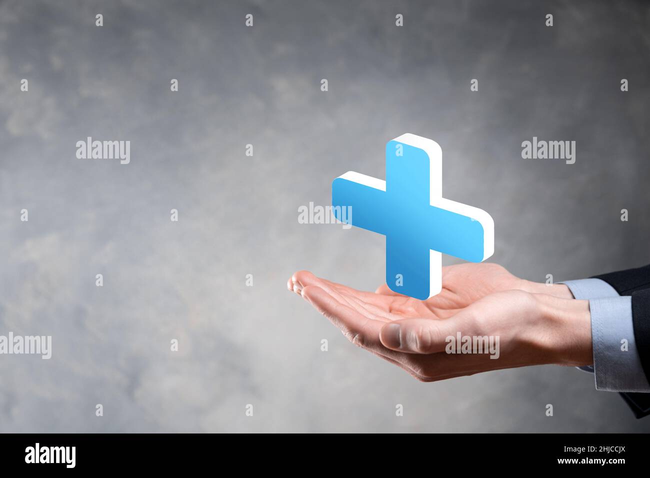 Businessman hold 3D plus icon, man hold in hand offer positive thing ...