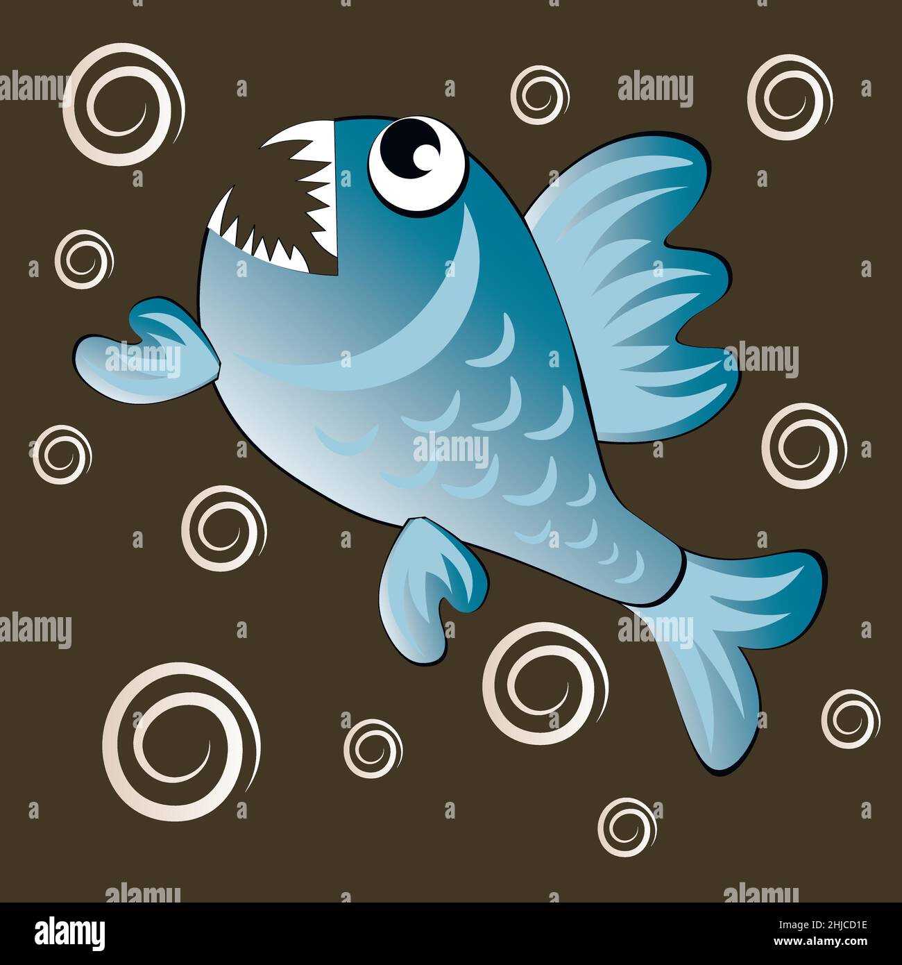 The illustration on a square background is a predatory evil piranha ...