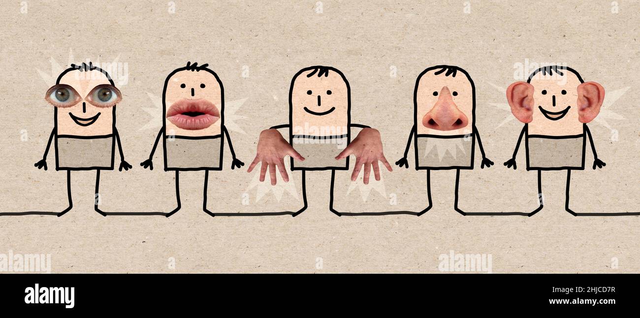 Hand drawn Cartoon characters and five senses collage Stock Photo - Alamy