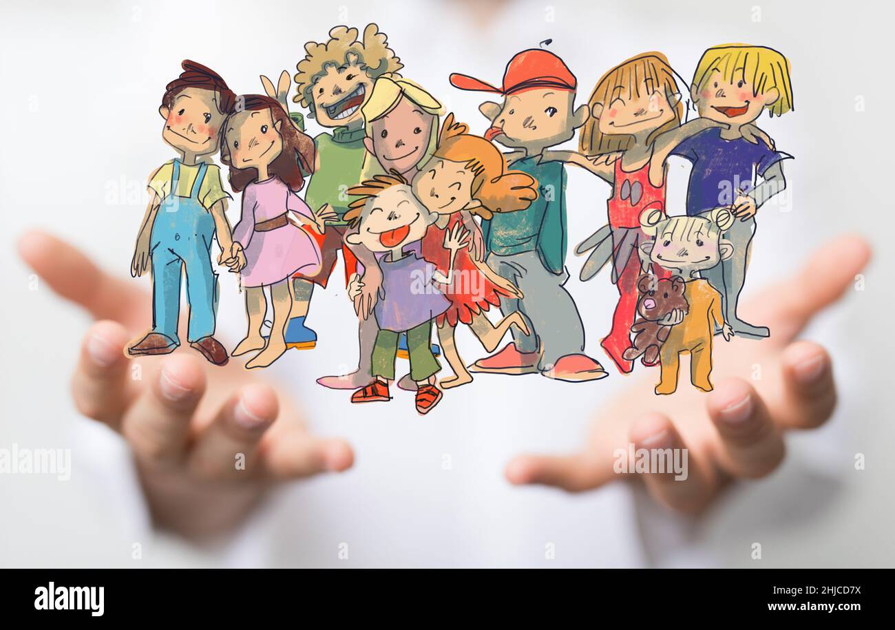 Presenting the virtual projection of a group of happy children Stock ...