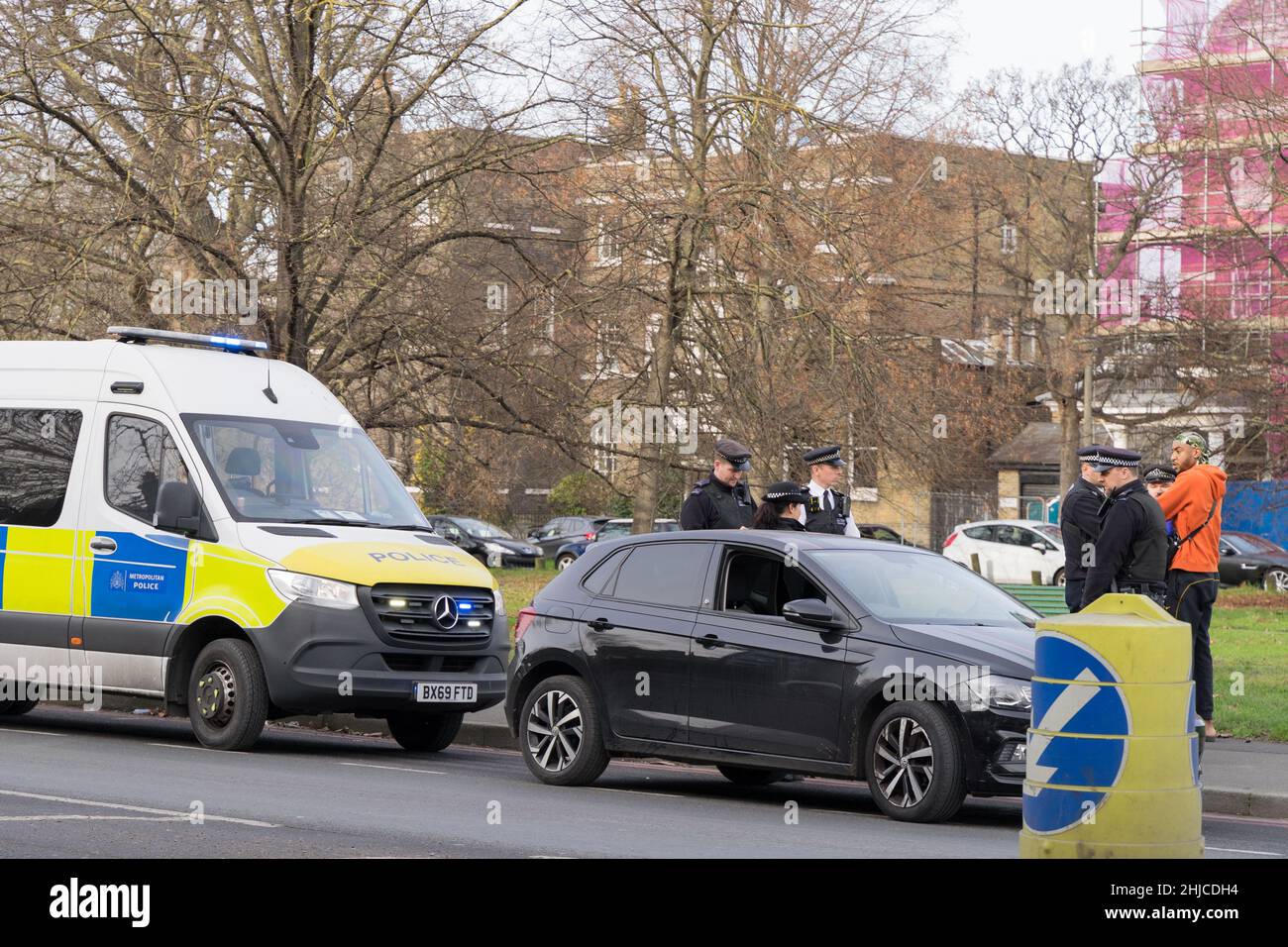 London Greenwich, UK. 28th Jan, 2022. A driver in black car was stopped ...