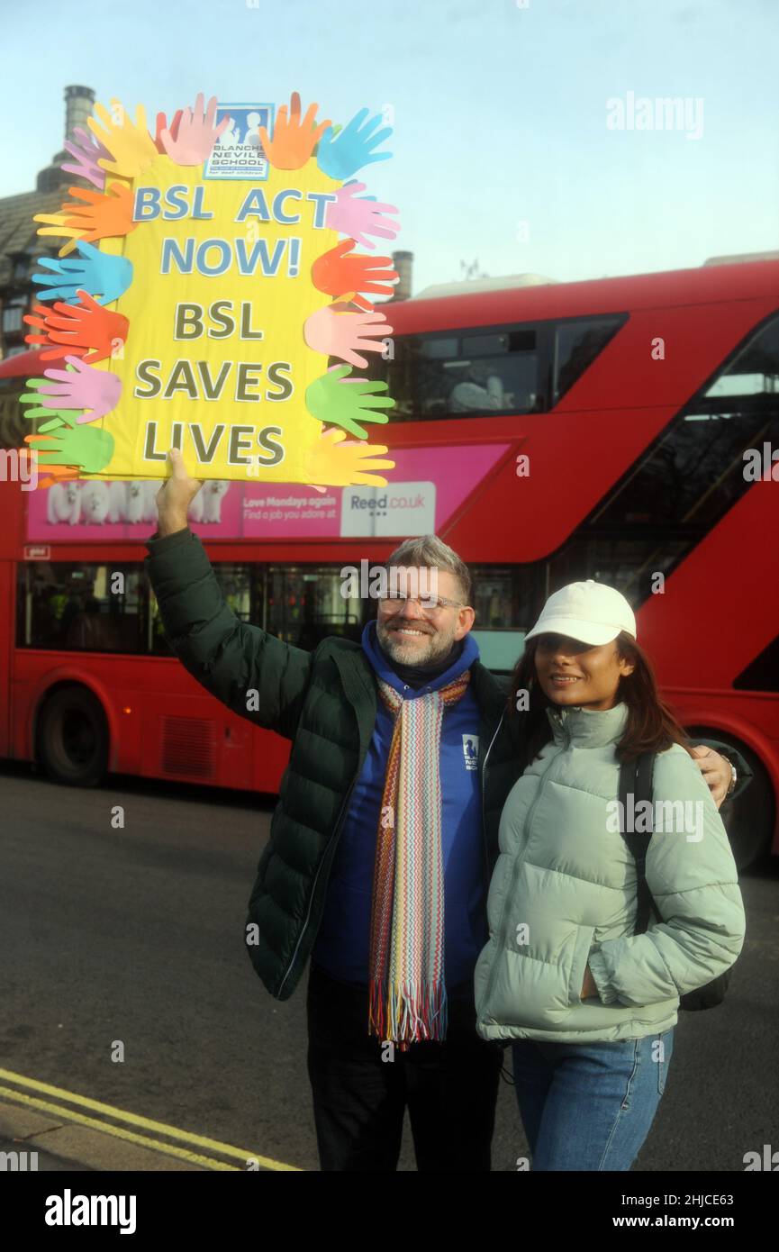 London, UK. 28th Jan, 2022. British Sign Language BSL bill supporters ...