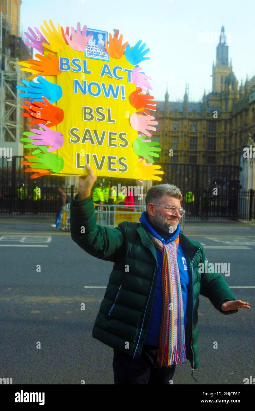 London, UK. 28th Jan, 2022. British Sign Language BSL bill supporters ...