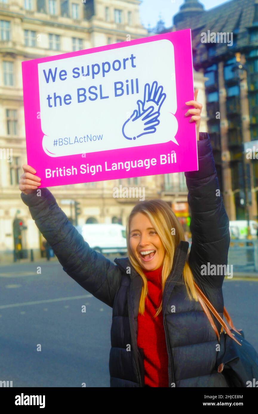 London, UK. 28th Jan, 2022. British Sign Language BSL bill supporters ...