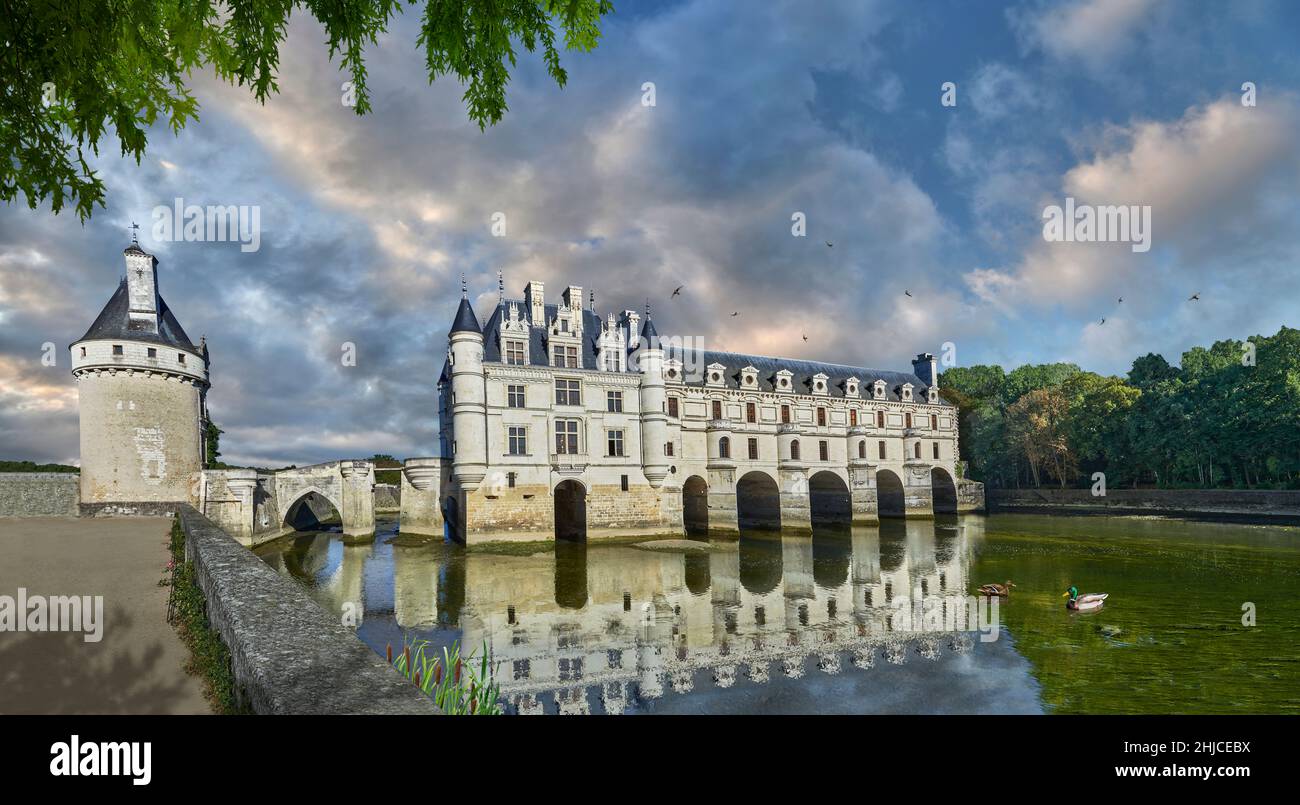 The Renaissance Chateau de Chenonceau spanning the river Cher, Indre-et ...