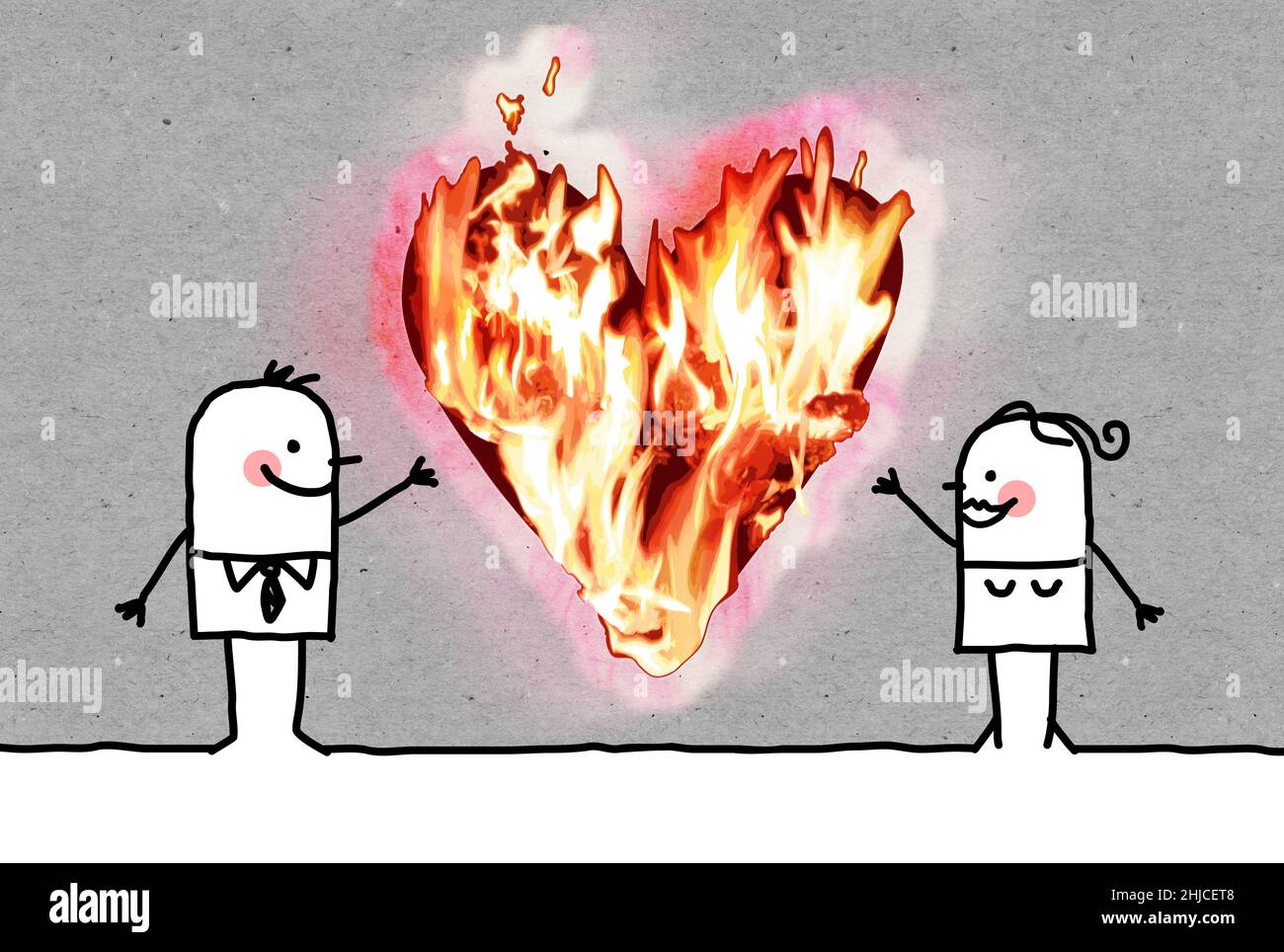 Hand drawn Cartoon Couple with a big Burning Heart Stock Photo - Alamy