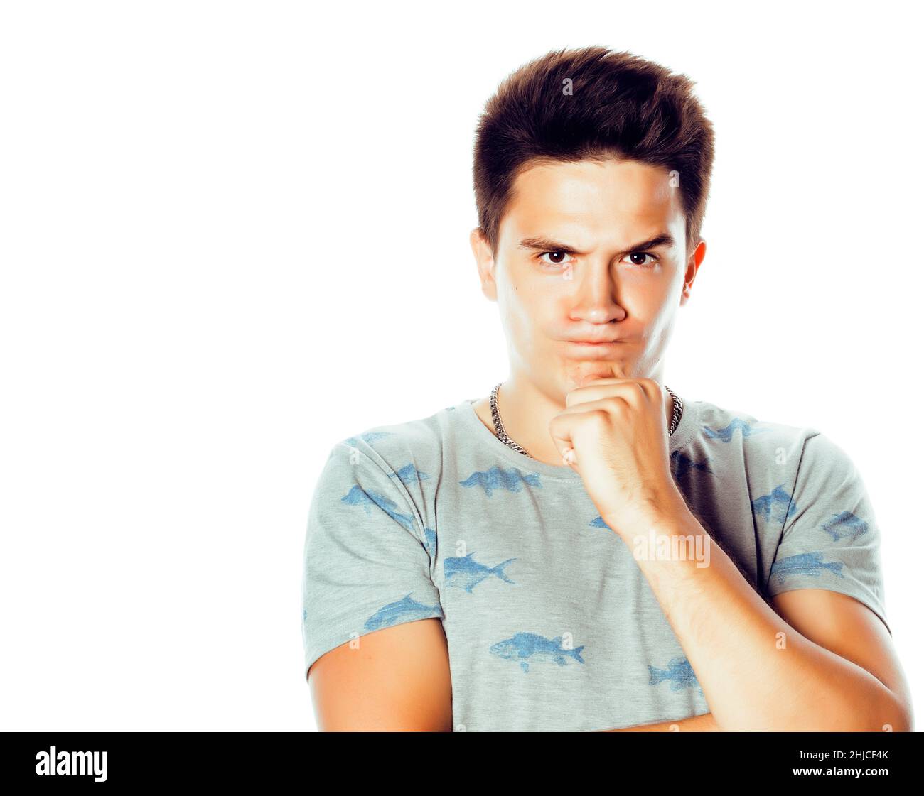 young attractive man isolated thinking emotional on white closeup ...