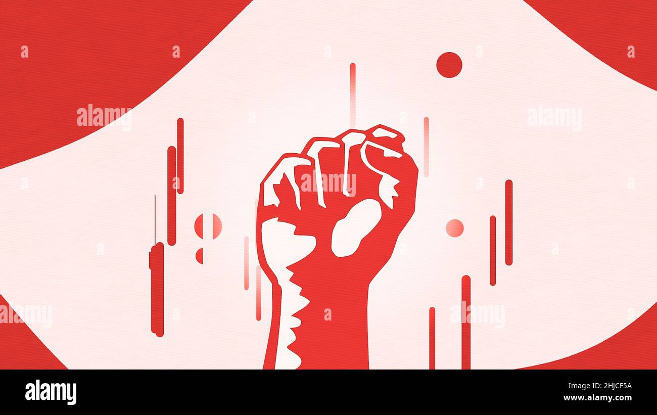 Fist raised up on background of flag. Animation. Motivating slogan in ...