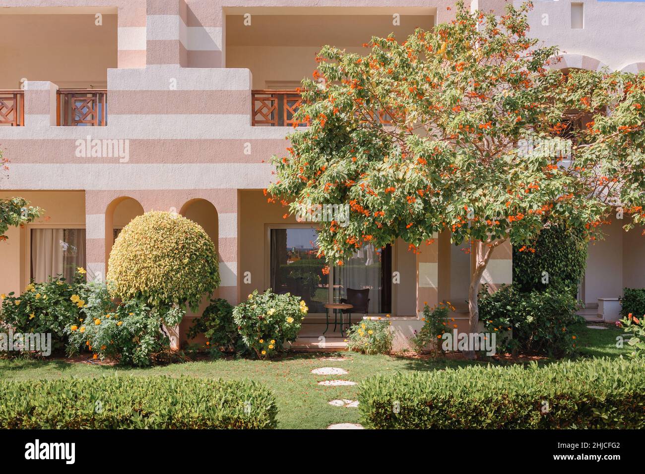 Luxury holiday villa with palm tree Stock Photo - Alamy