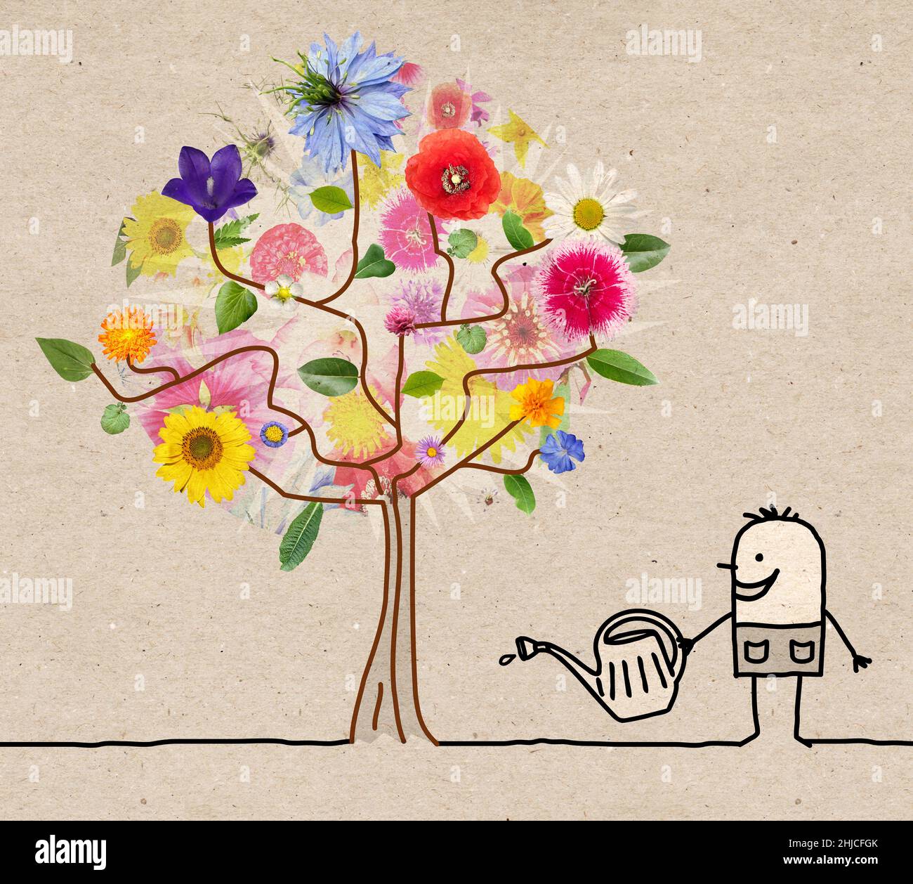 Hand drawn Cartoon Gardener Watering a Flowering Tree Stock Photo - Alamy
