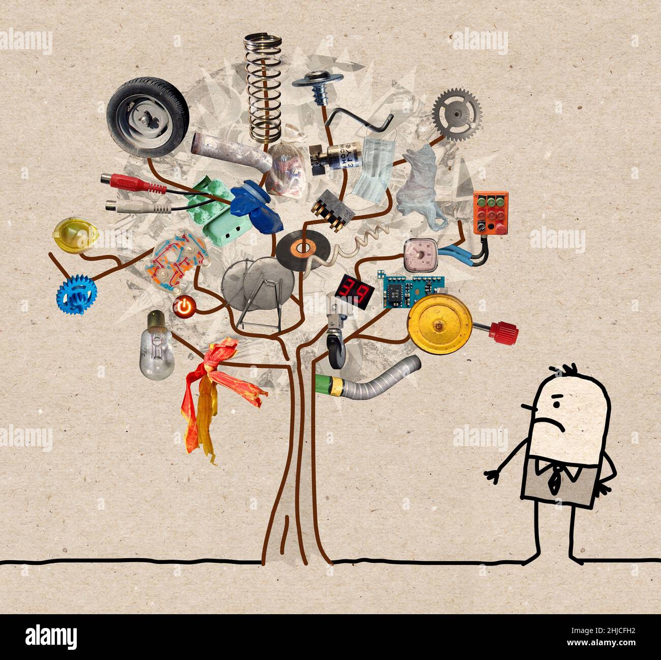 Hand drawn Cartoon Man Watching a Garbage Tree Stock Photo - Alamy