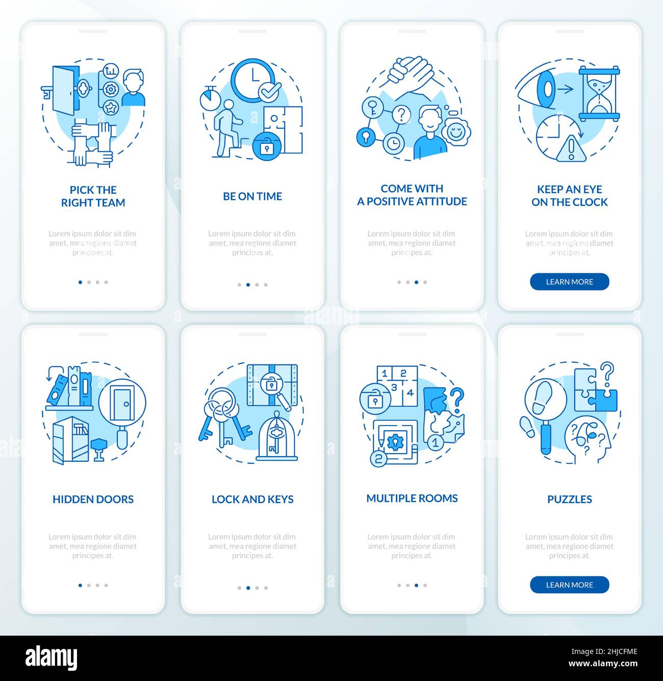 Escape room immersive experience blue onboarding mobile app screen set ...