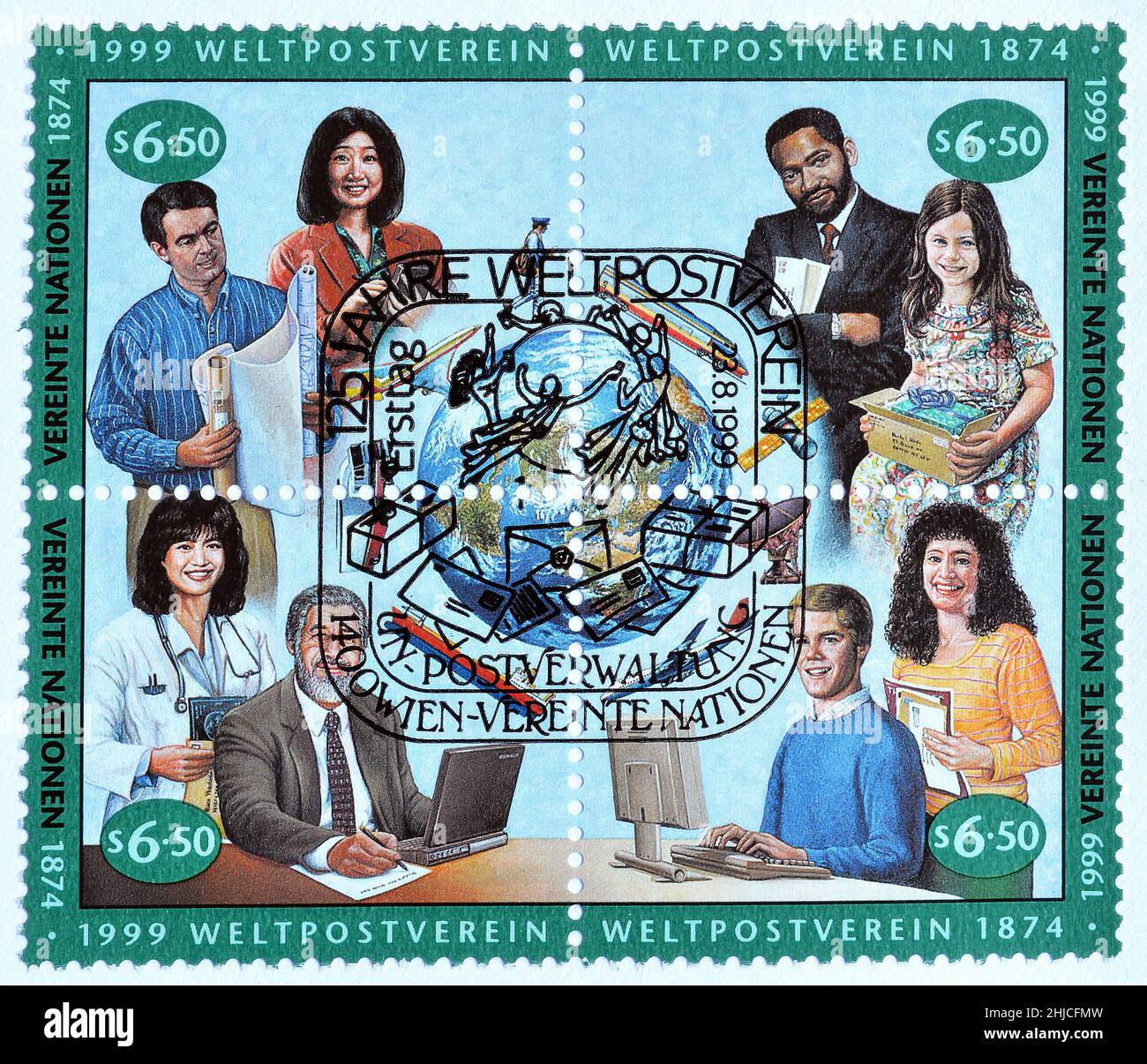 Cancelled postage stamp printed by United Nations, that shows People, U ...