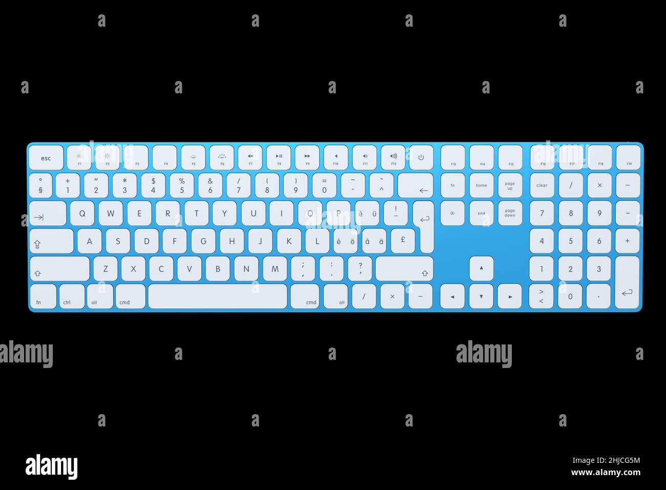 Modern blue aluminum computer keyboard with numpad isolated on black ...