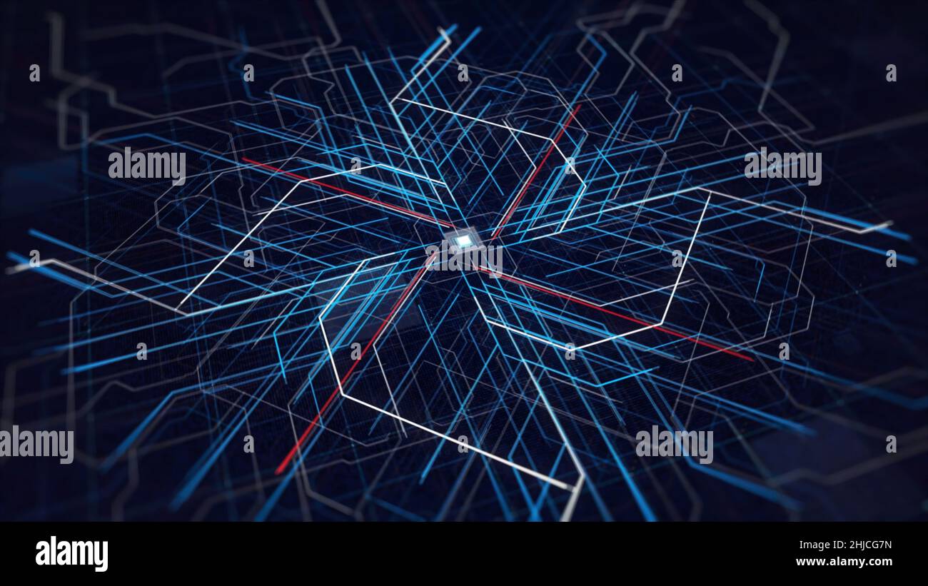 Spreading colorful electronic impulses. Abstract electronic circuit for ...