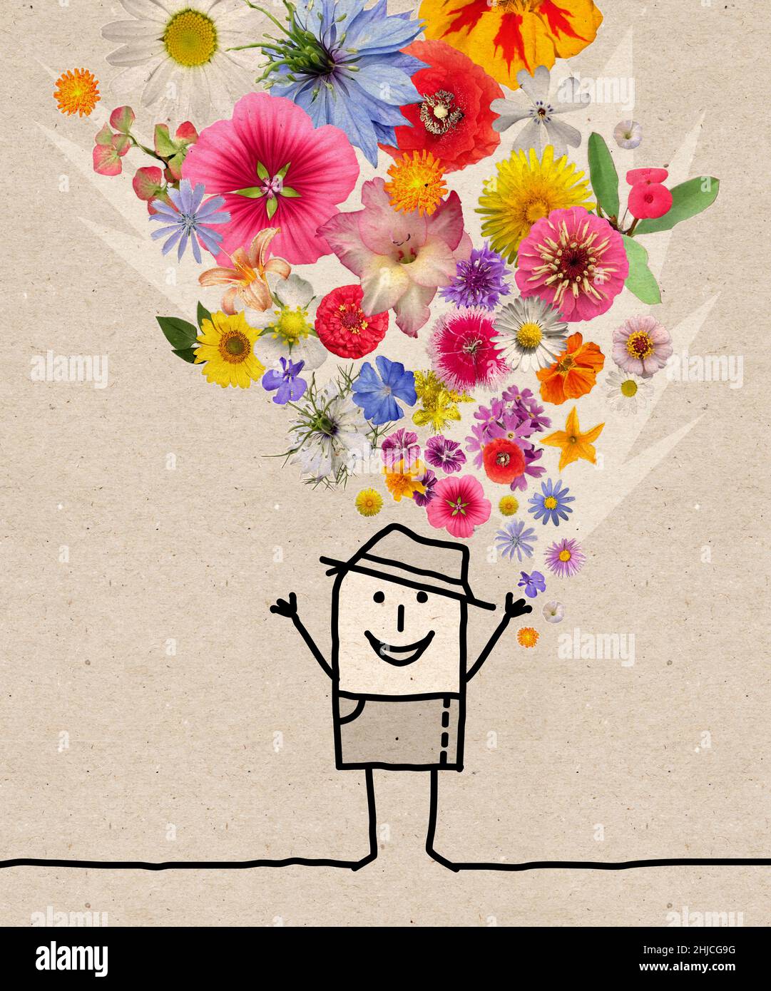 Hand drawn Cartoon Man Throwing Up a Colorful Flowers Set Stock Photo ...