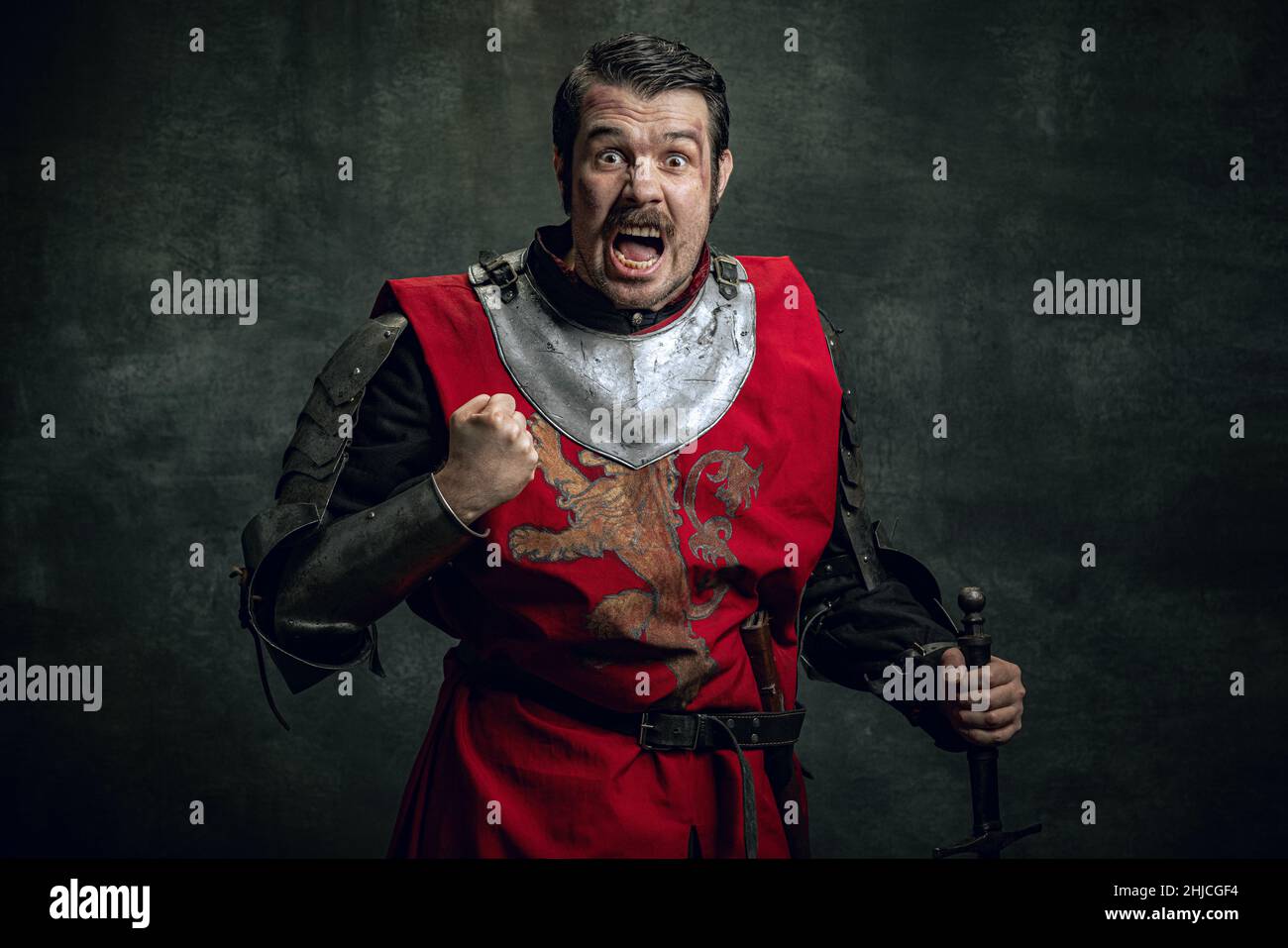 Half-length portrait of brutal seriuos man, medieval warrior or knight ...