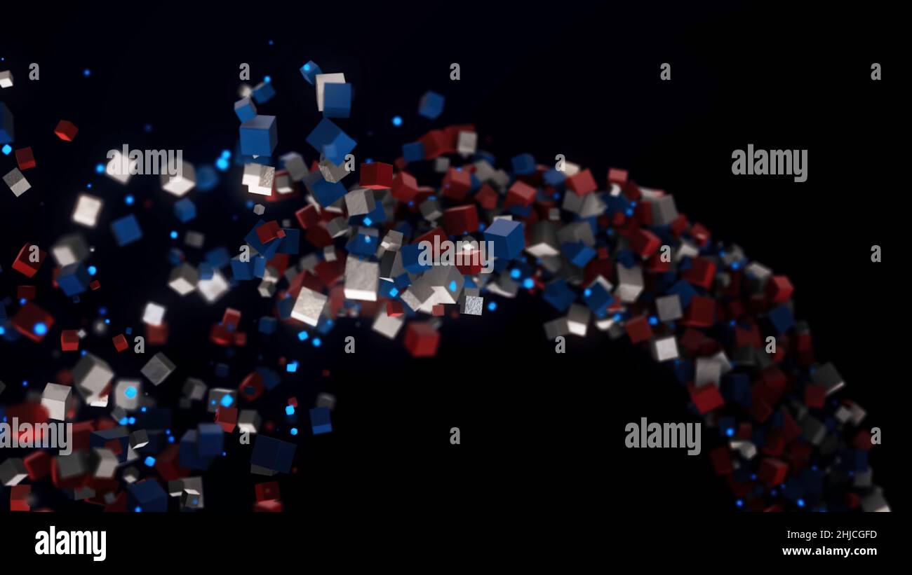 Cubic particles forming line on black background. Animation. Cubes of ...