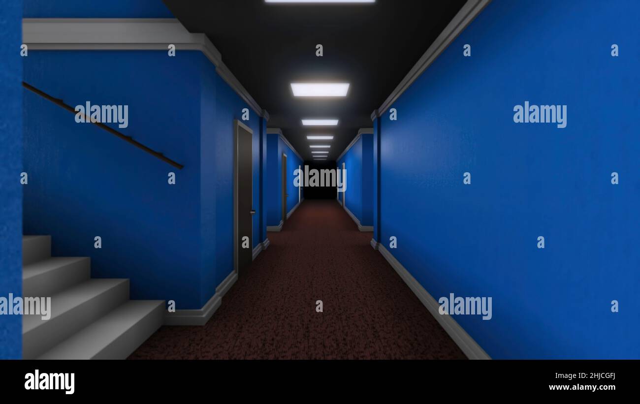 Long corridor with doors and darkness at end. Animation. Moving forward ...
