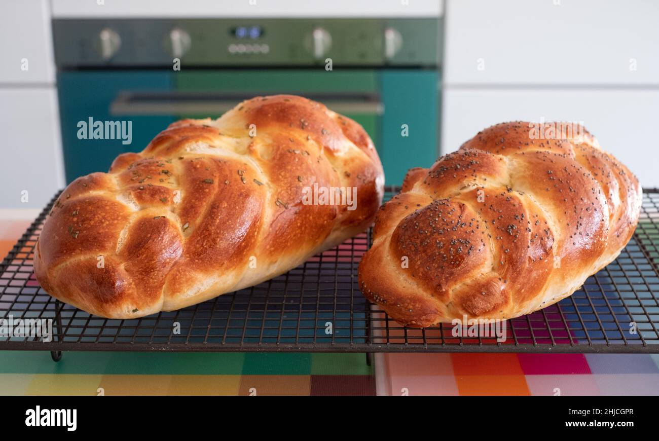 Two traditional home cooked plaited Jewish Challah bread loaves ...