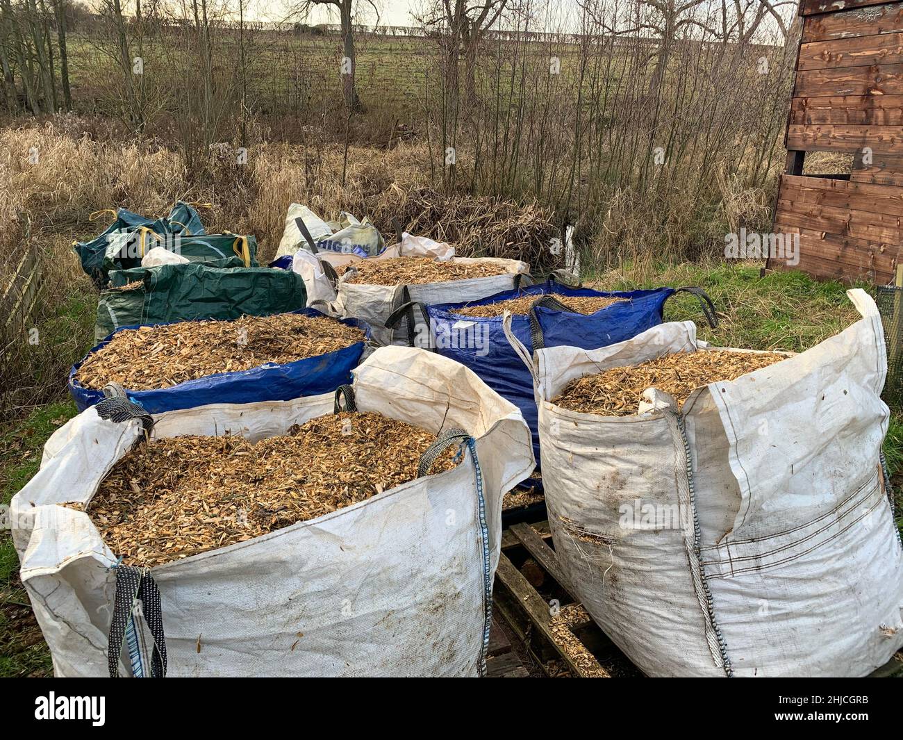 Wood chippings at at Sywell Country Park Northamptonshire UK bags bag ...
