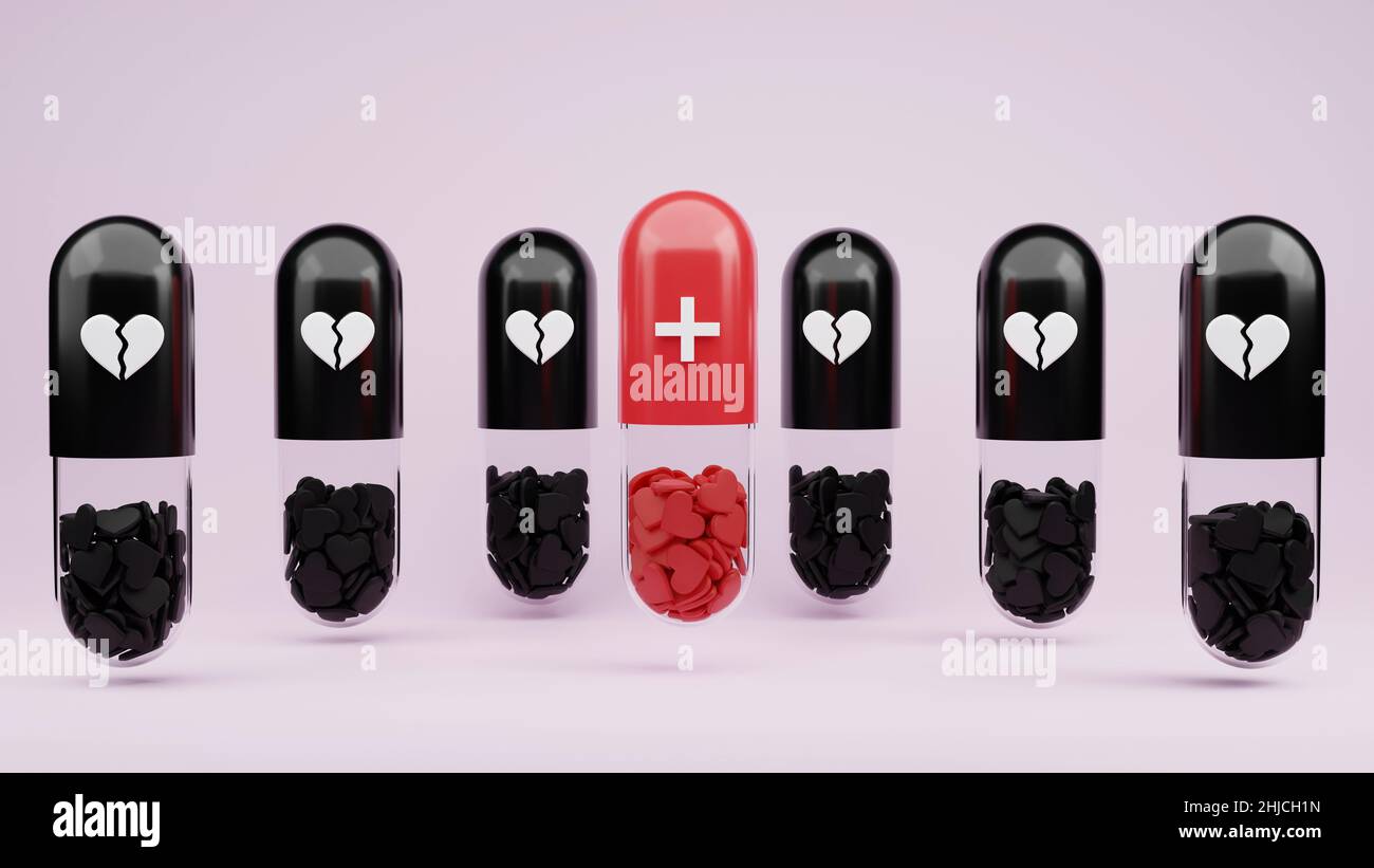 Love can heal conceptual red capsule medicine with internal red heart ...