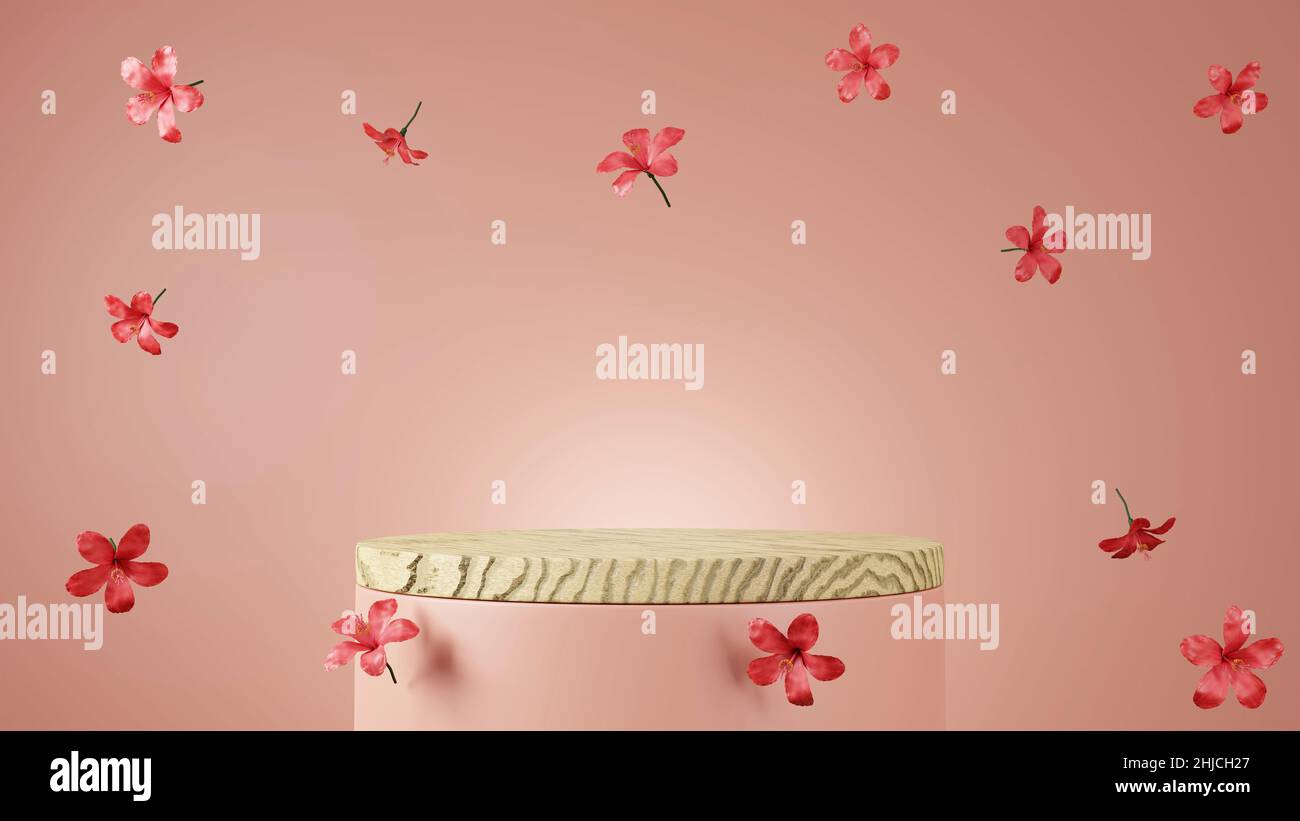 Minimalism wooden product display stage with hibiscus or rose mallow ...