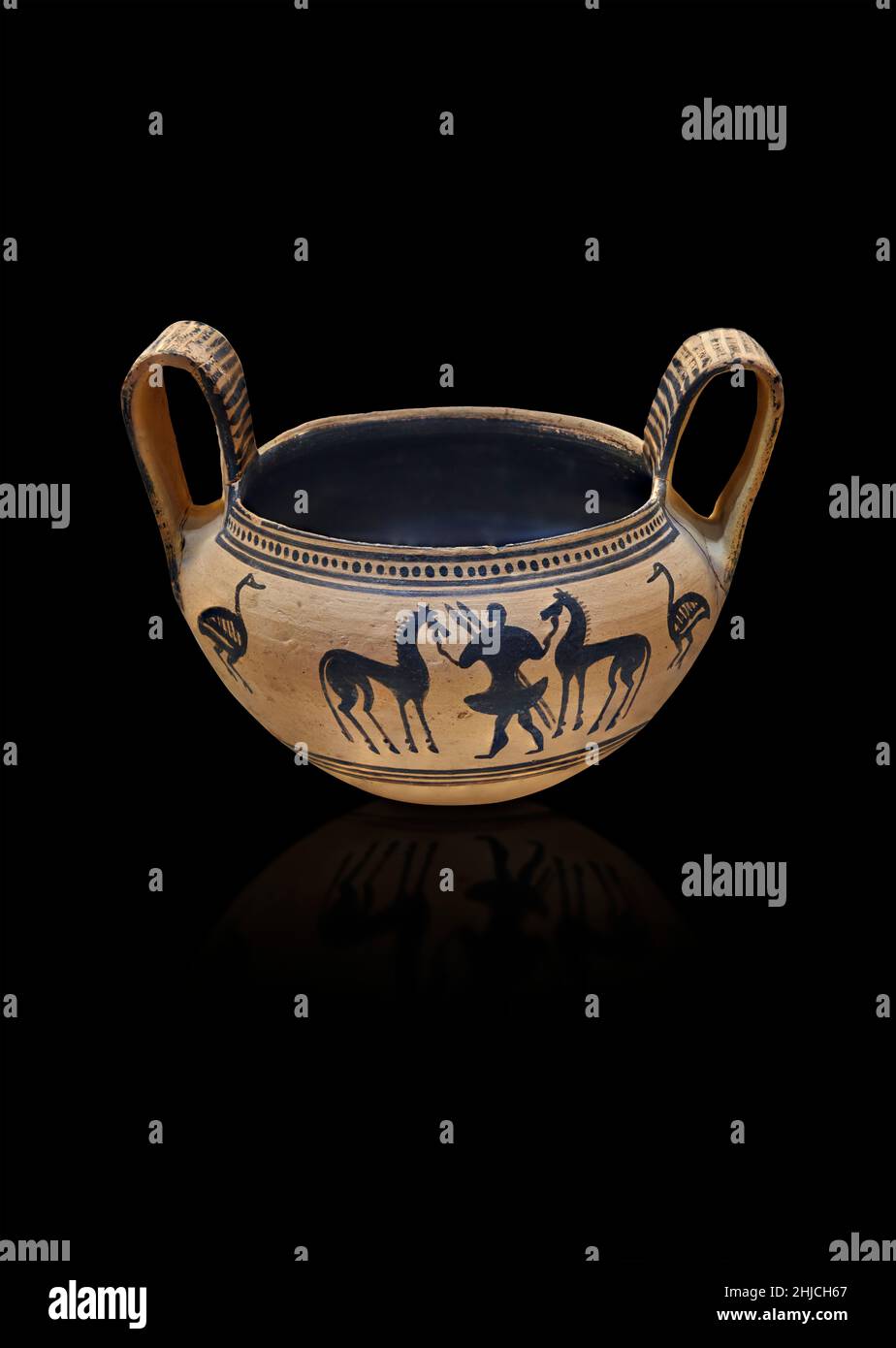 Geometric Period Greek pottery kantharos qith warrior and horses design ...