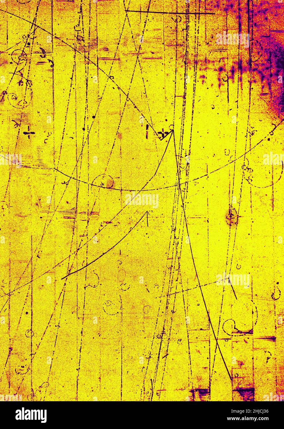 Historic image of particle tracks, seen in a 30" propane bubble chamber ...