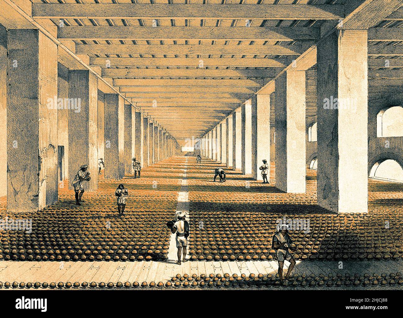 A busy drying room in the opium factory at Patna, India. Lithograph ...