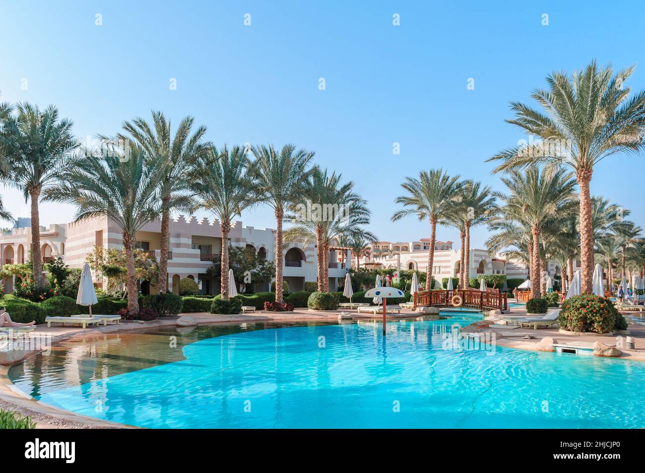Beautiful swimming pool and palm trees in Egypt Stock Photo - Alamy