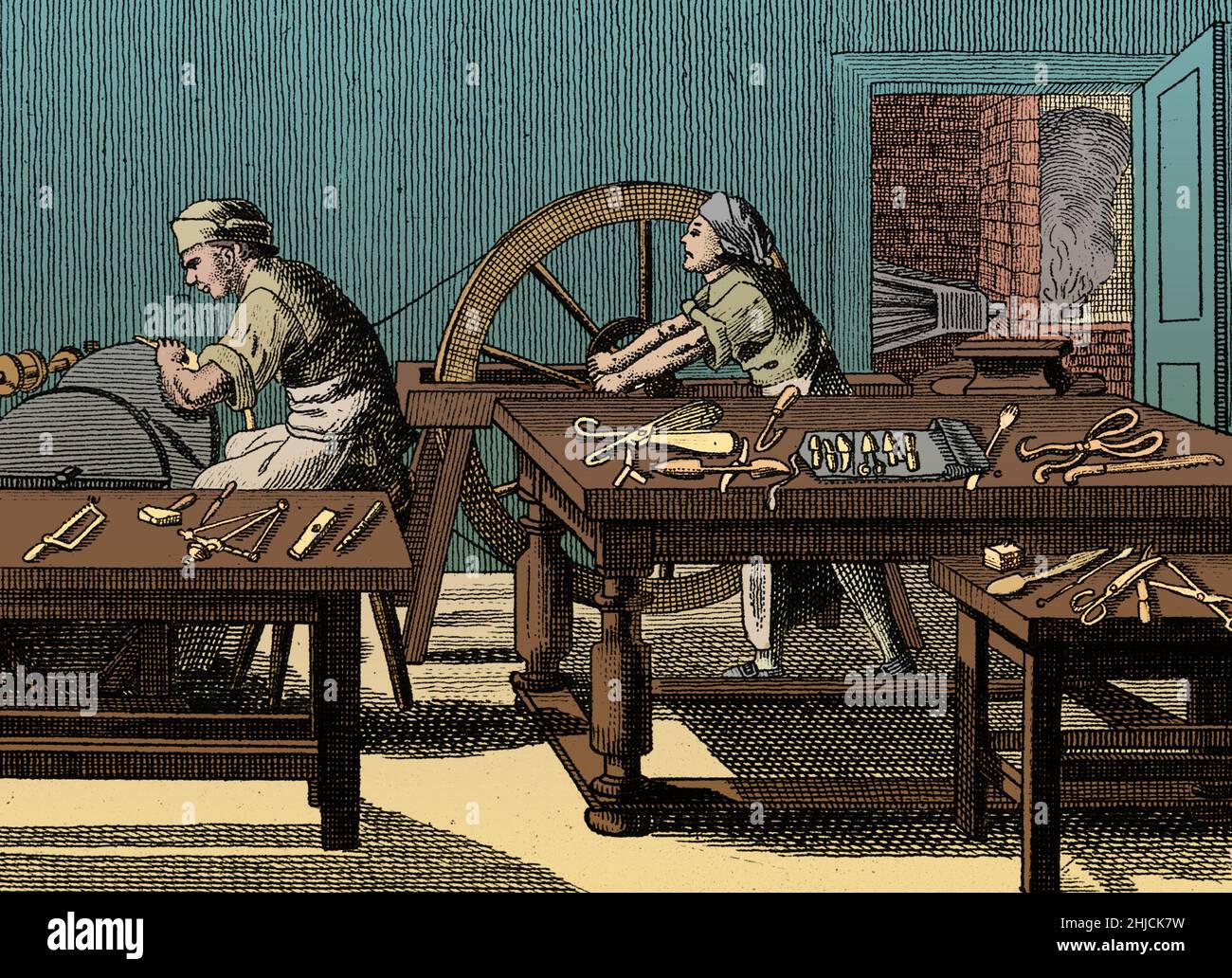 Engraving showing the making of surgical instruments. A forge is shown ...