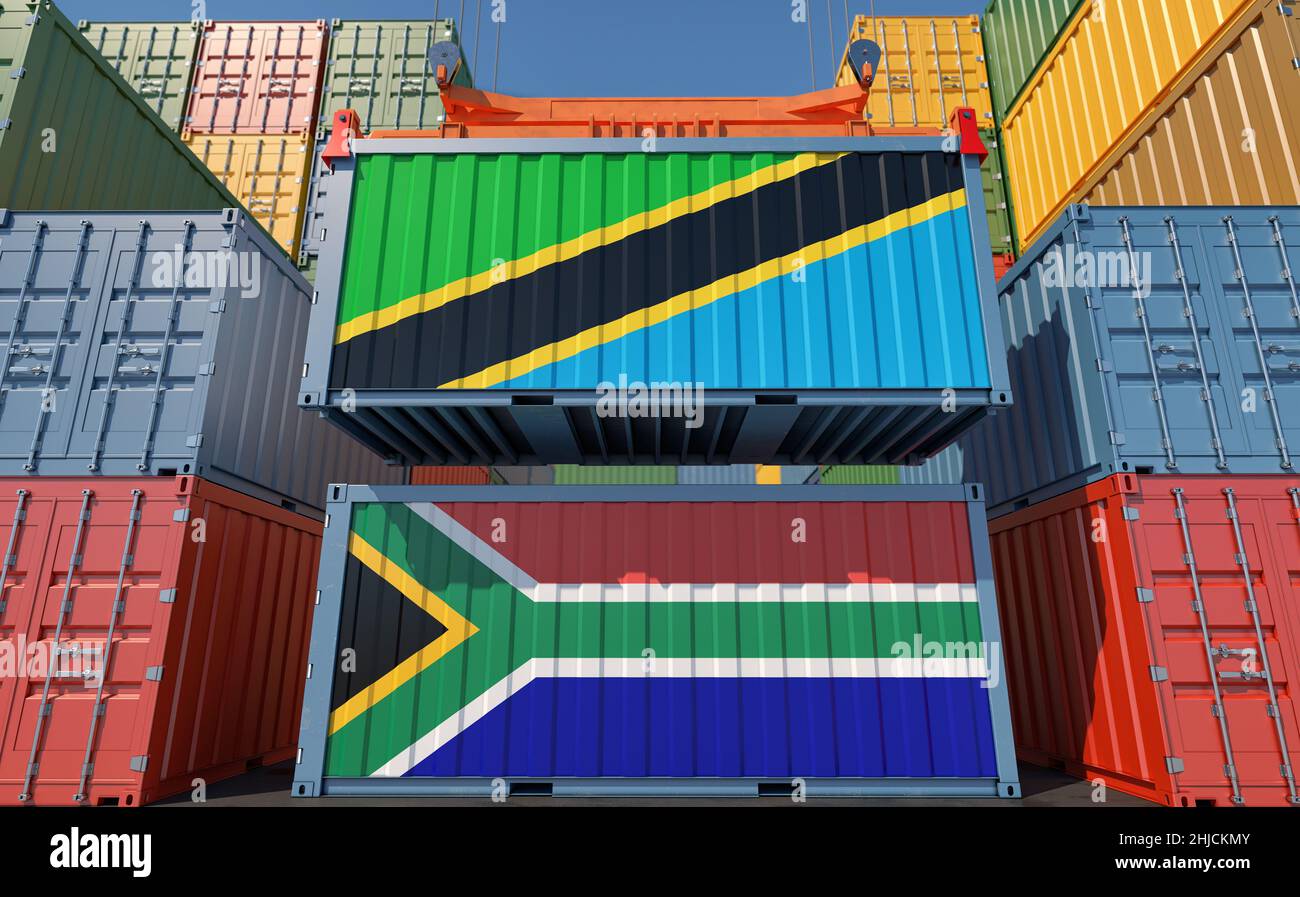 Freight containers with South Korea and Tanzania national flags. 3D ...