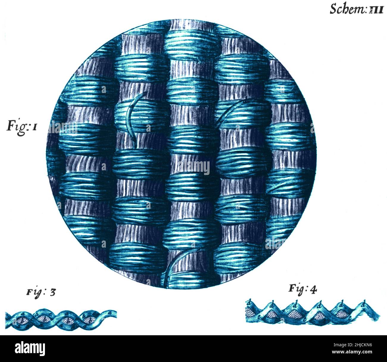 Taffeta silk as seen under a microscope, from an illustration in Robert ...