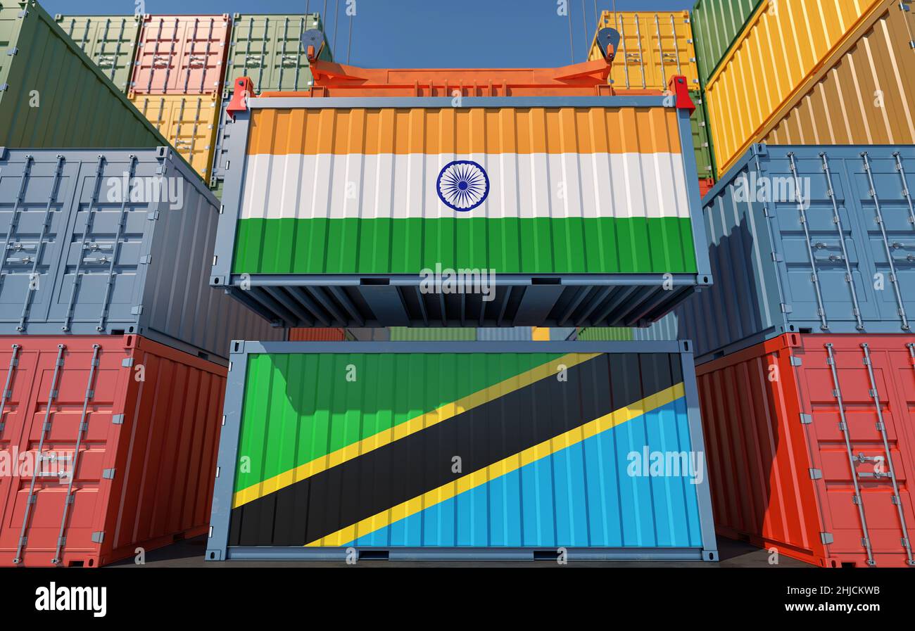 Freight containers with India and Tanzania national flags. 3D Rendering ...