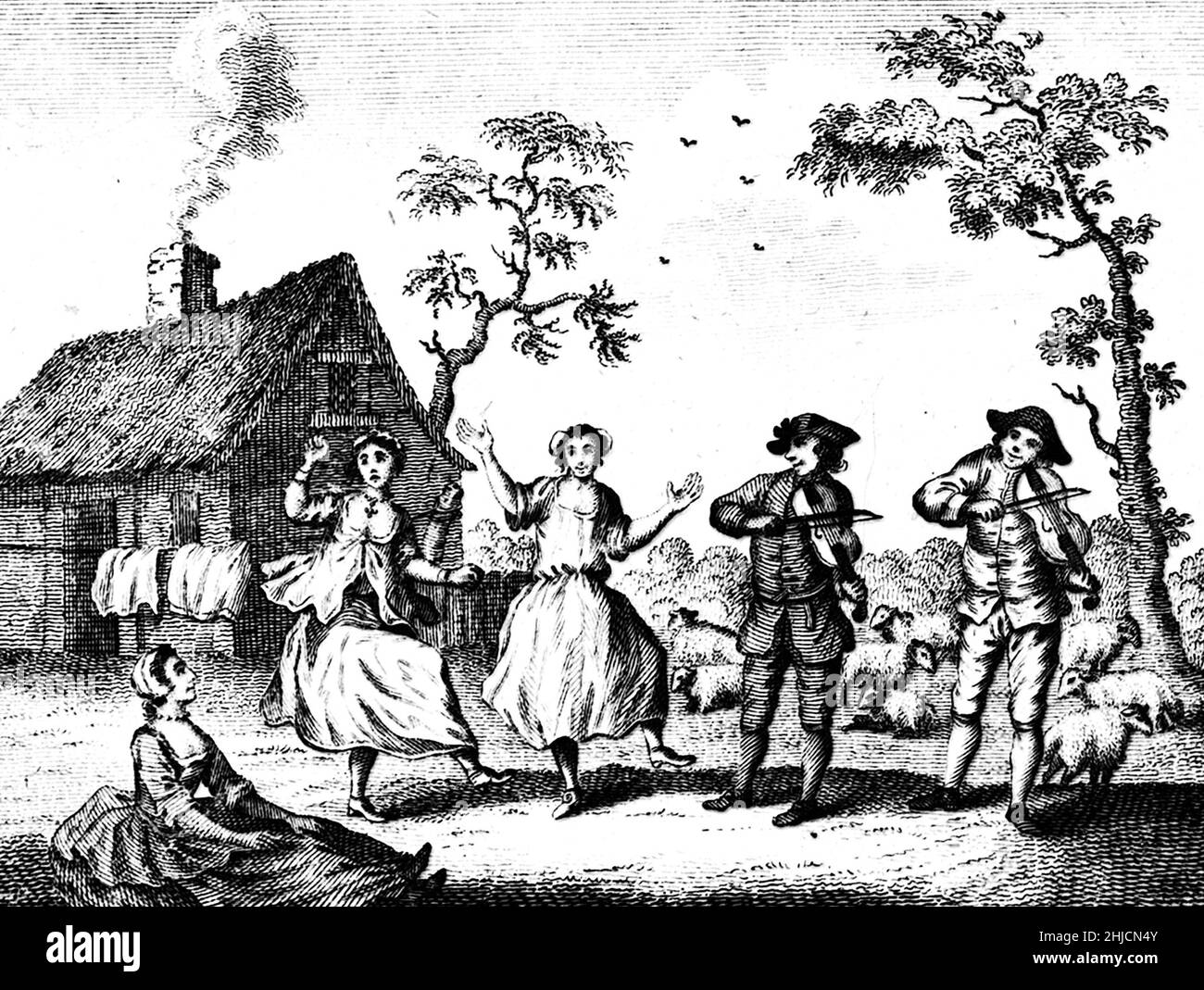 Historical etching showing people dancing and playing music as an ...
