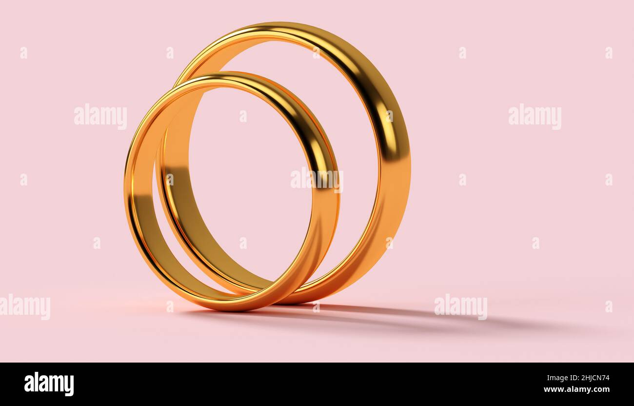 Illustration of two wedding gold rings. Unity concepts. 3d rendering ...