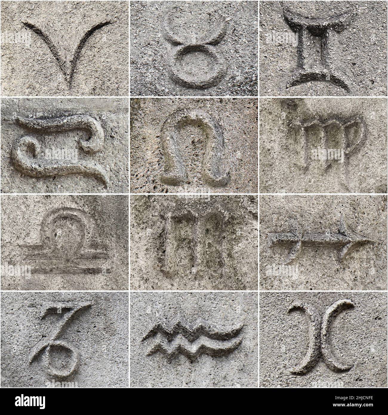 Zodiac signs collage on sand stone Stock Photo - Alamy
